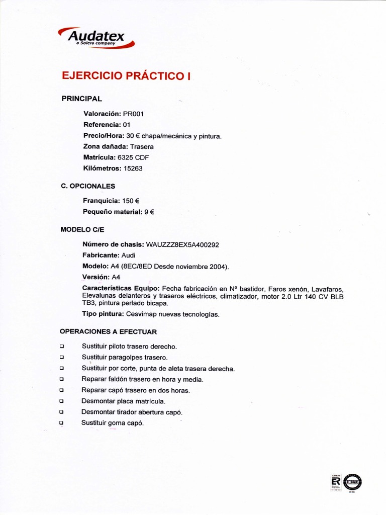 Ejercicios Audatex | PDF