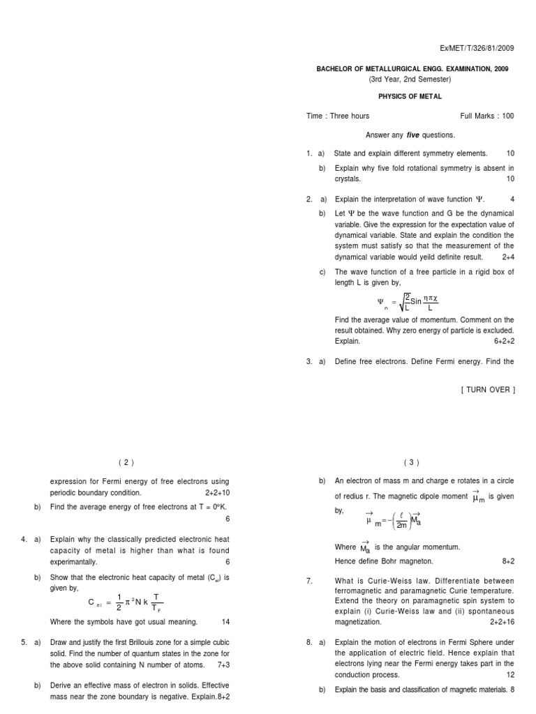 Physics of Metal Exam 2009 | PDF