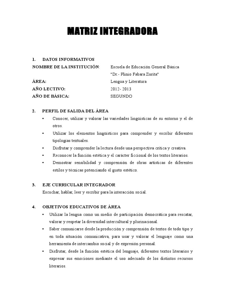 Matriz Integradora de Lengua y Literatura | PDF | Palabra | Lectura ...