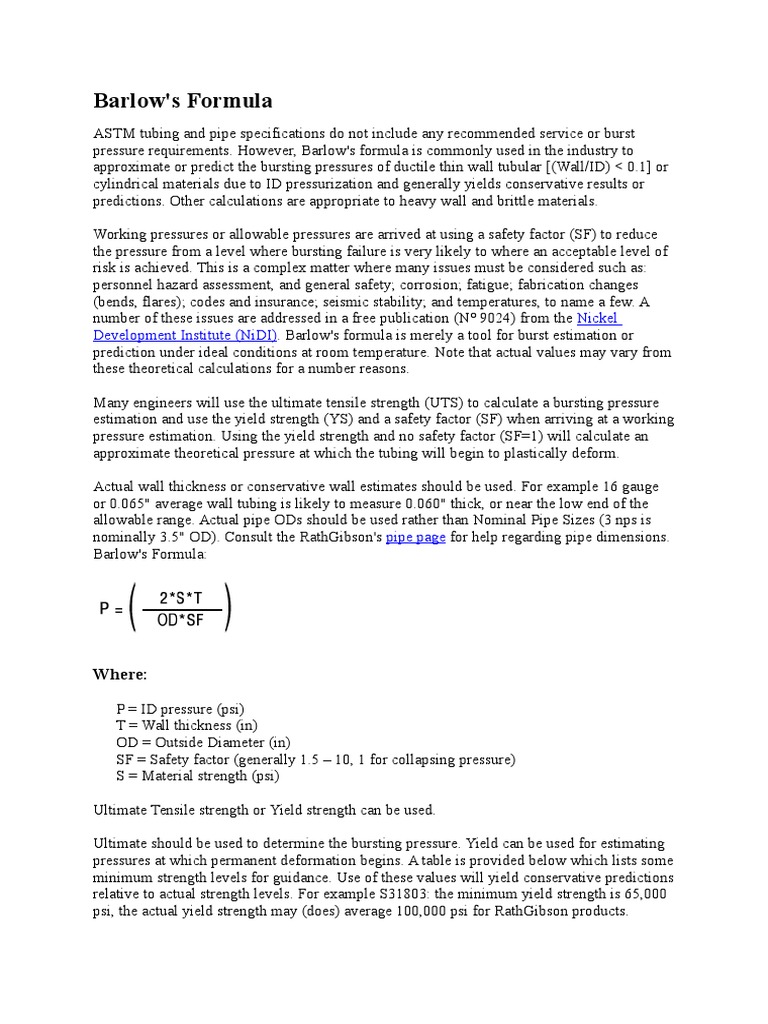 Barlow's Formula for Burst Pressure Calculation | PDF | Strength Of ...