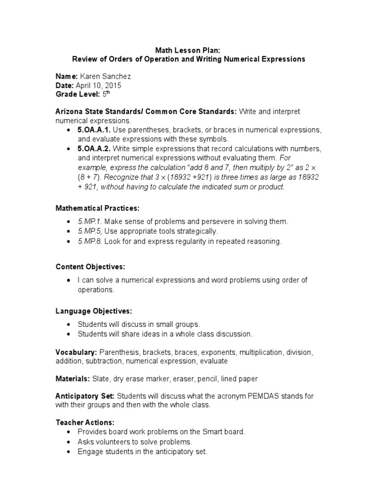 Math Lesson Plan Order of Operations | PDF | Bracket | Pedagogy