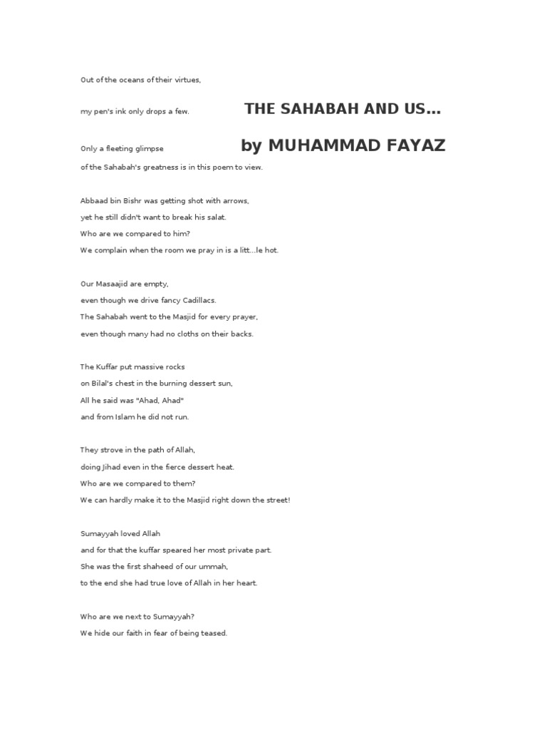 Sahabah and Us... A Beautiful Poem | PDF | Umar | Monotheism