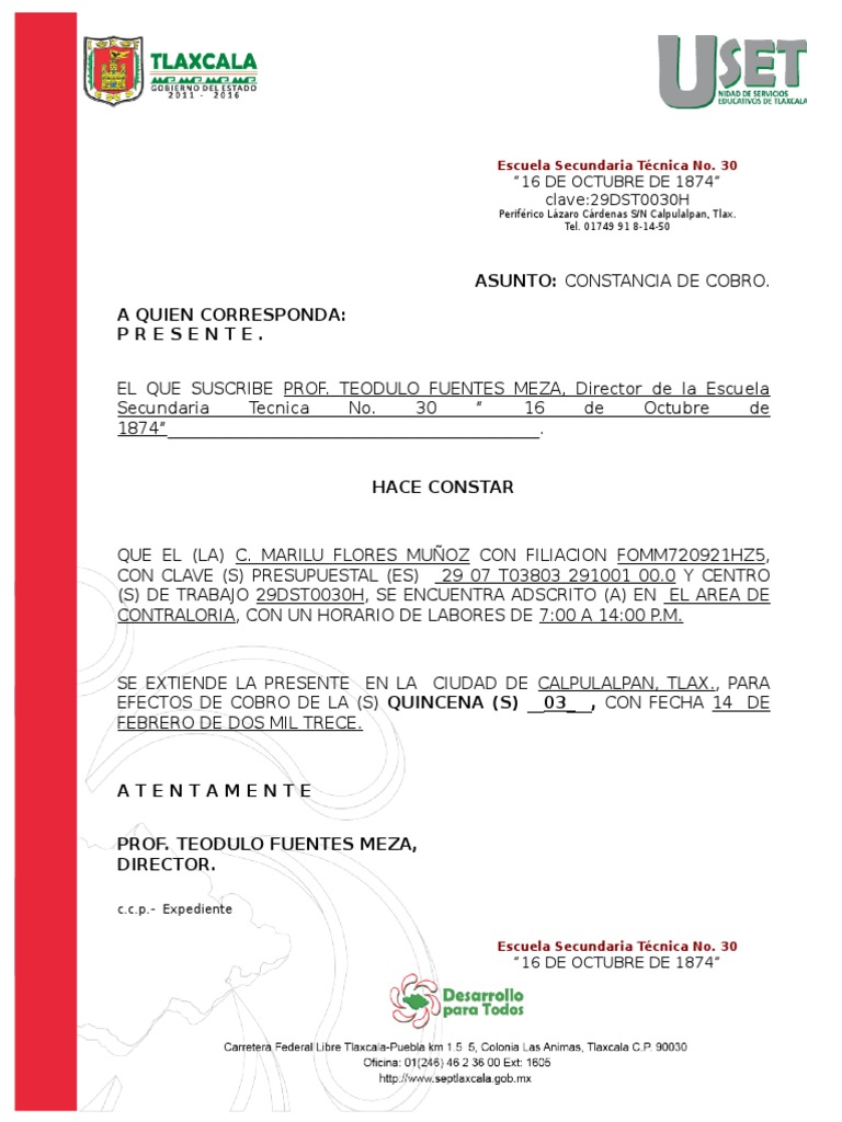 FORMATO DE CONSTANCIA DE COBRO - Docx MARILU | PDF