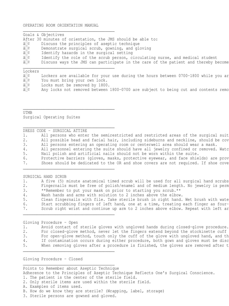 Operating Room Orientation Manual Goals & | Surgery | Operating Theater