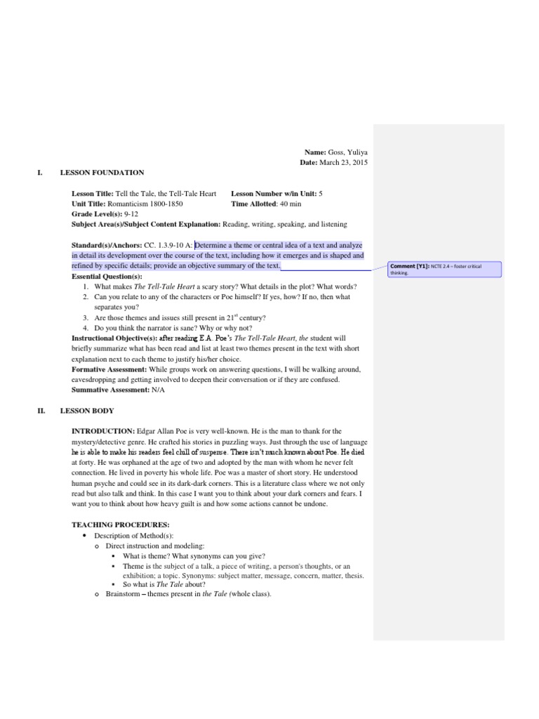 Lesson Plan 1 Poe | PDF | Edgar Allan Poe | Educational Assessment
