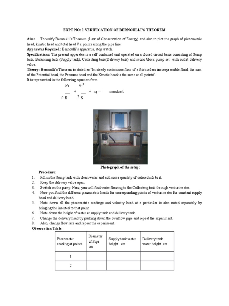 verification of bernoulli's theorem | Fluid Dynamics | Gas Technologies