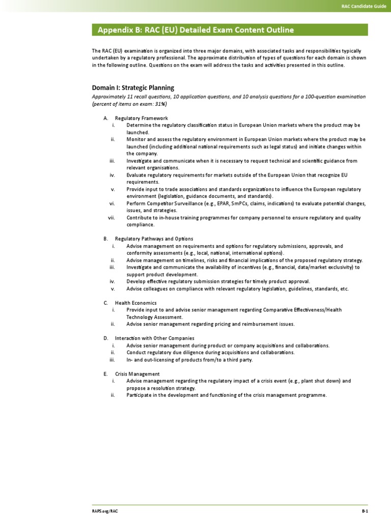 RAC EU Exam Content Outline | PDF | Clinical Trial | Test (Assessment)