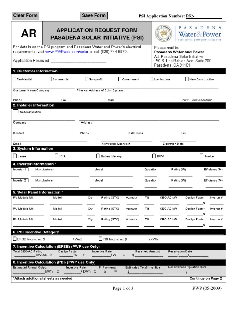 Application Request Form Pasadena Solar Initiative (Psi) : Clear Form ...