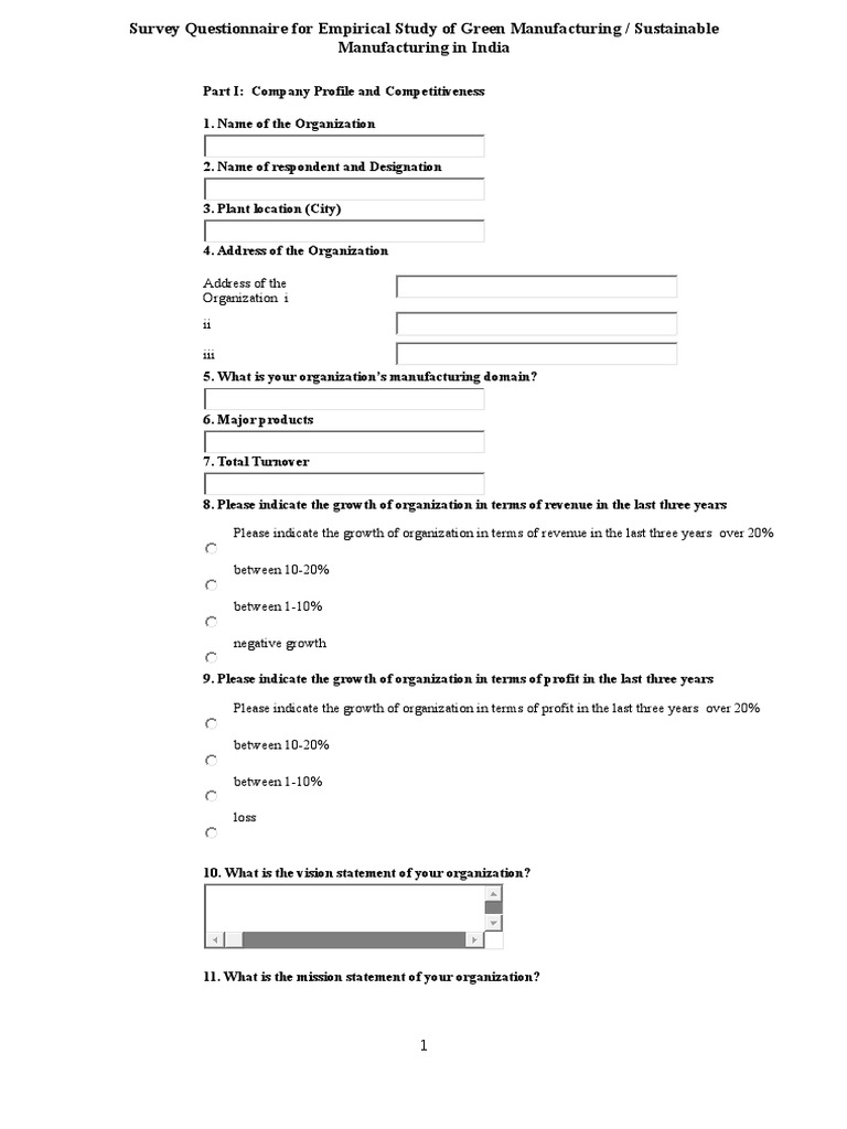 Survey Questionnaire For Empirical Study of Green Manufacturing ...