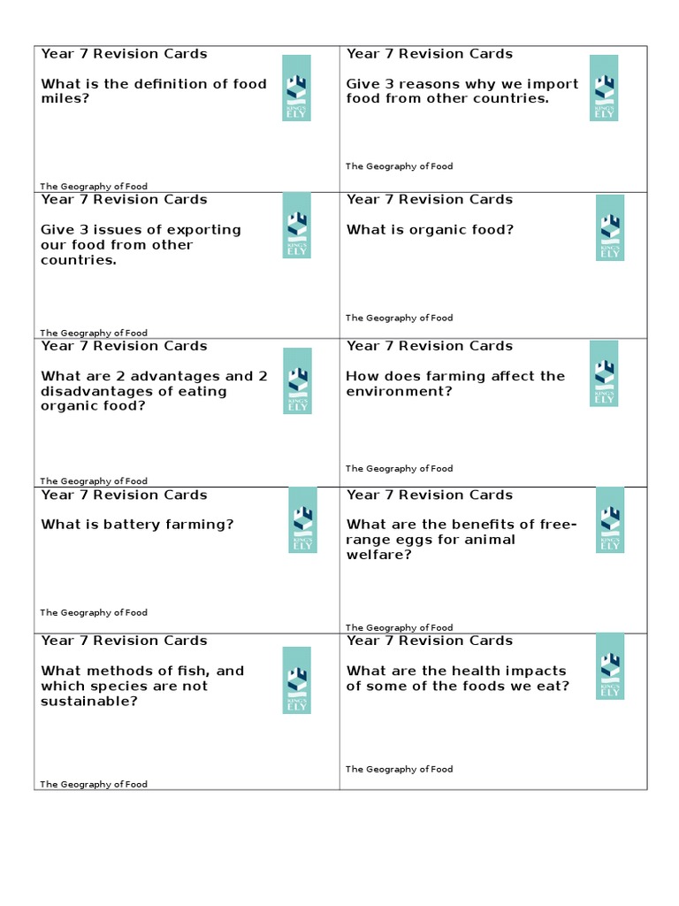 Year 7 Revision Cards | PDF | Foods | Natural Environment