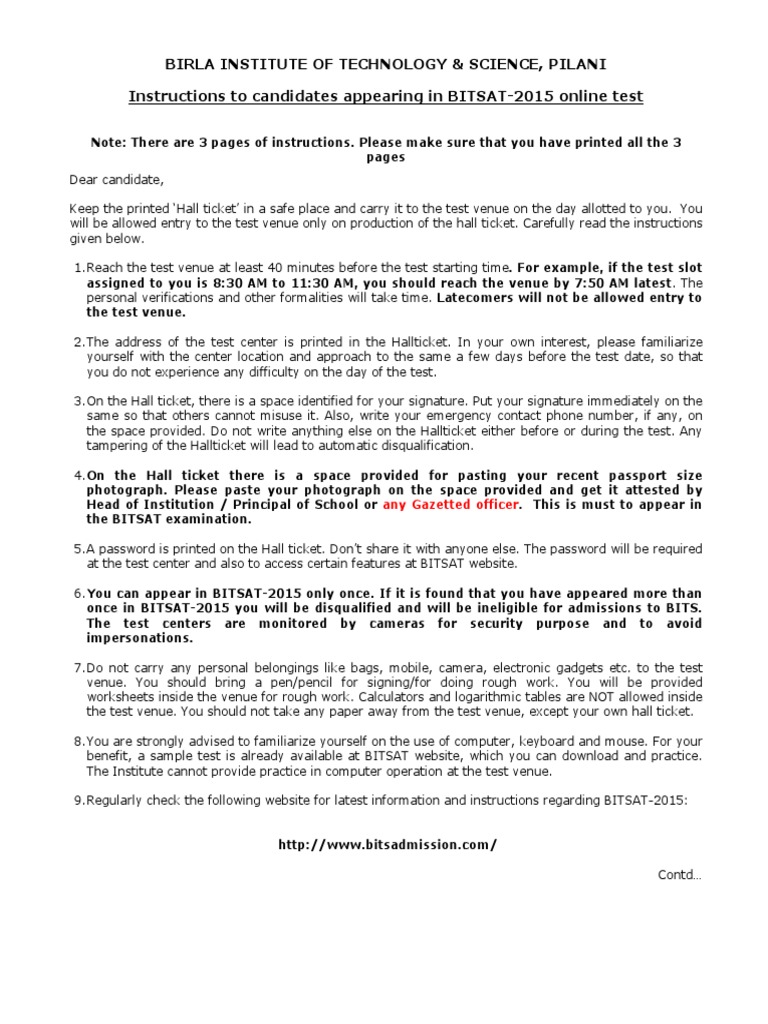 BITSAT Instructions | PDF