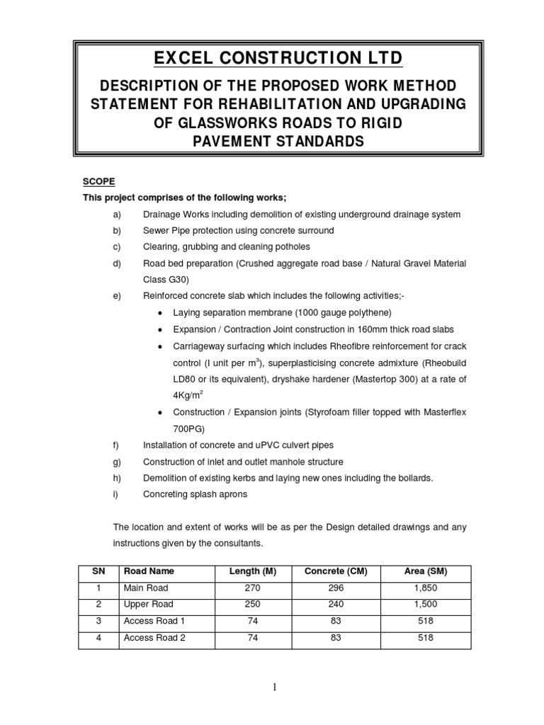 Method Statement Glass Works Roads - F | PDF | Concrete | Manmade Materials