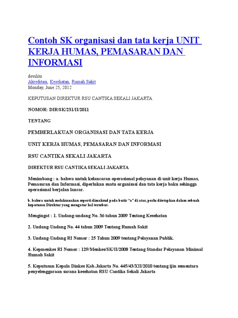Contoh SK Organisasi Dan Tata Kerja UNIT KERJA HUMAS | PDF