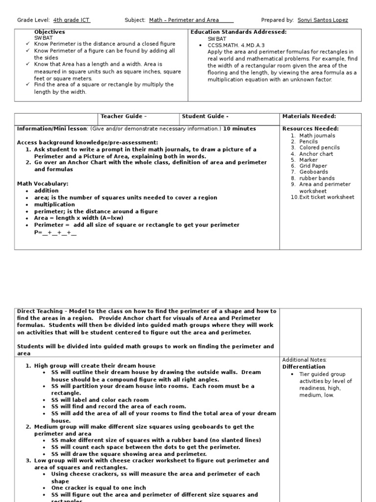 4th Grade Area and Perimeter Lesson Plan | PDF | Multiplication ...