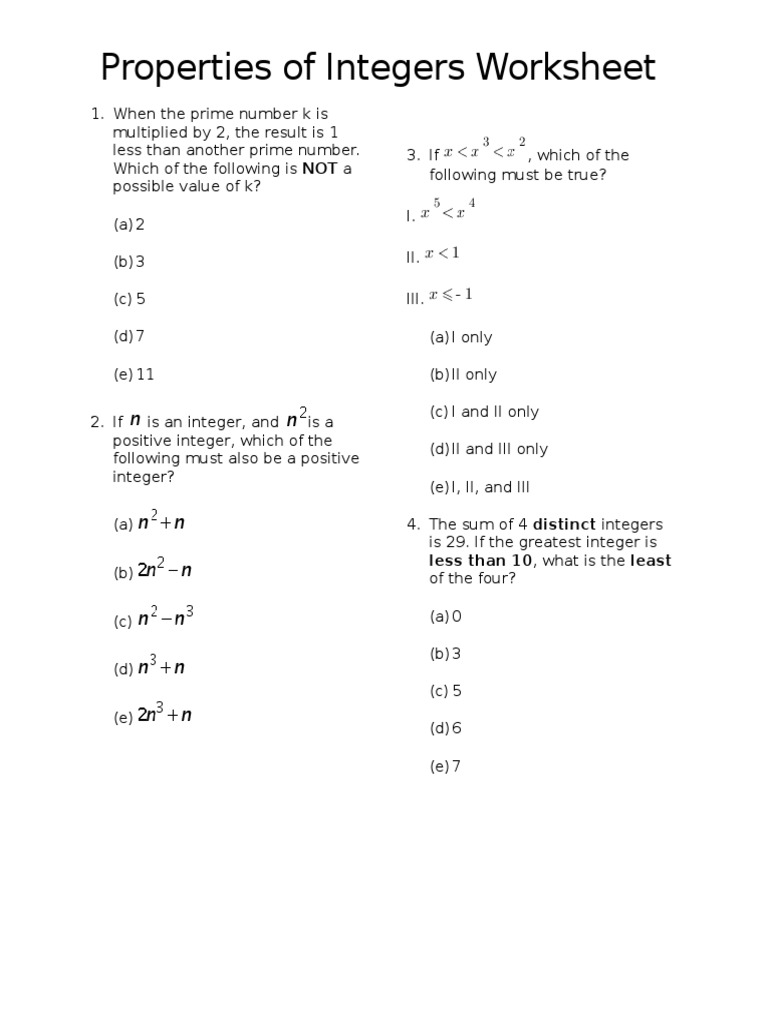 Properties of Integers Worksheet | PDF