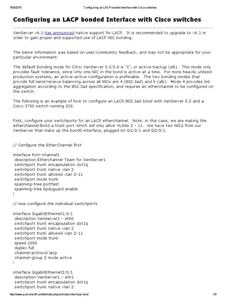 Configuring An LACP Bonded Interface With Cisco Switches | PDF ...