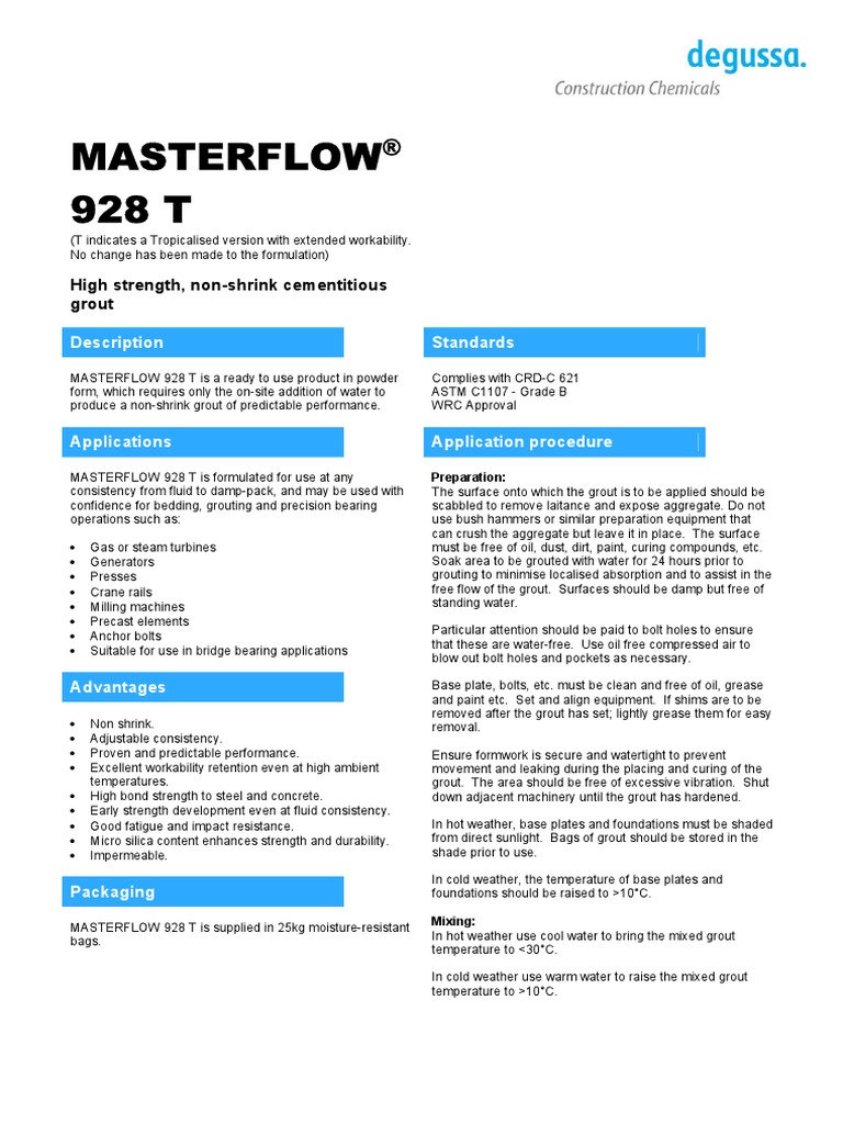 TDS - Masterflow 928 T | Strength Of Materials | Concrete