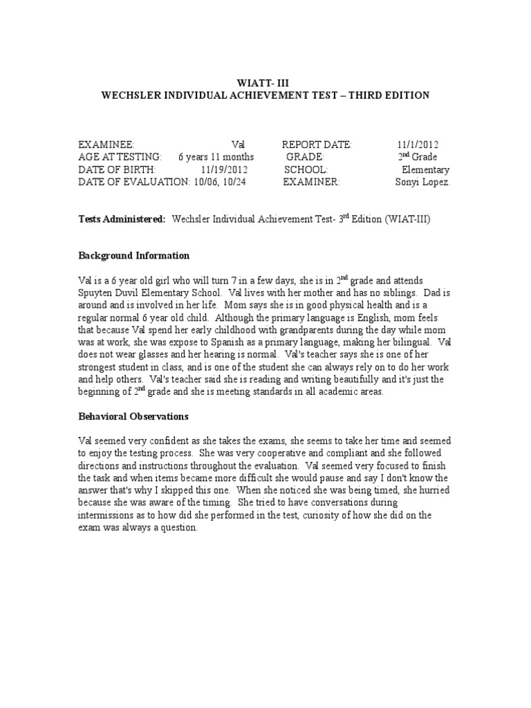 Wiat-Iii Report | PDF | Reading (Process) | Test (Assessment)