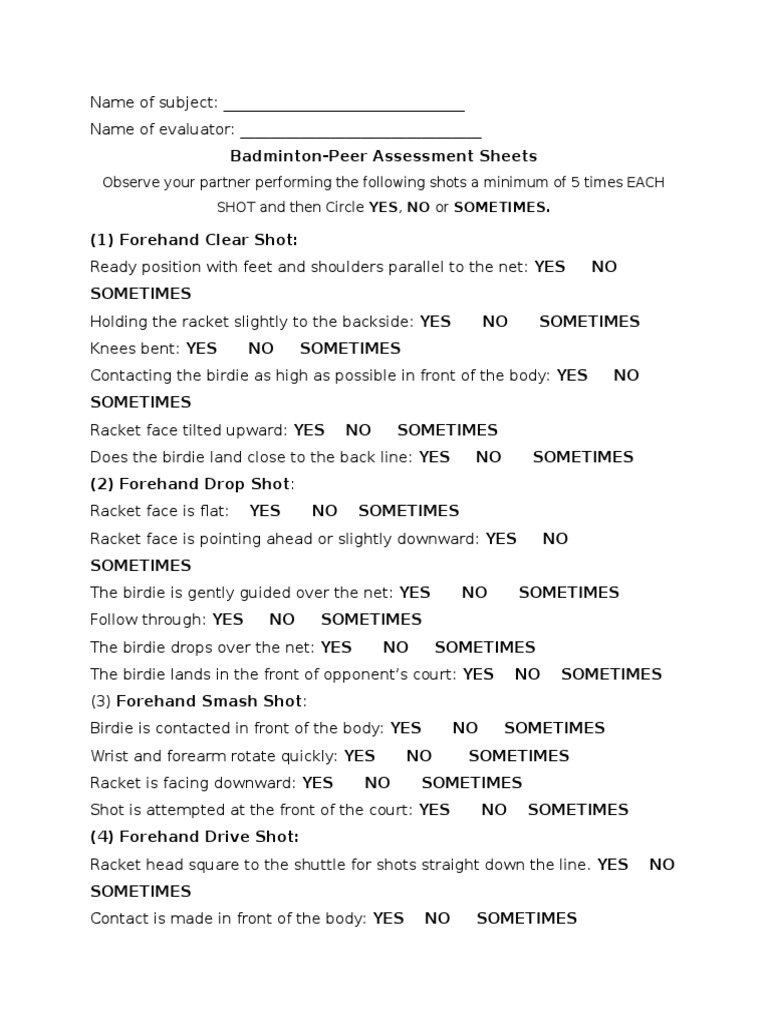 Badminton Peer Assessment | PDF