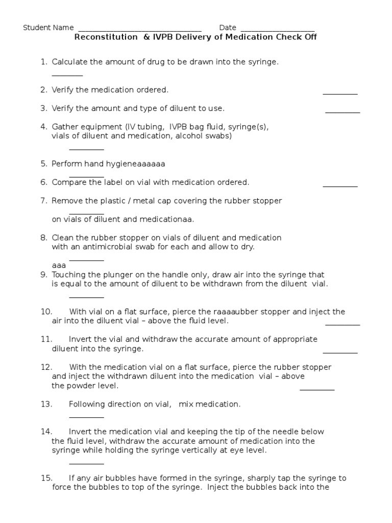 IV medication reconstitution checklist | PDF | Syringe | Intravenous ...