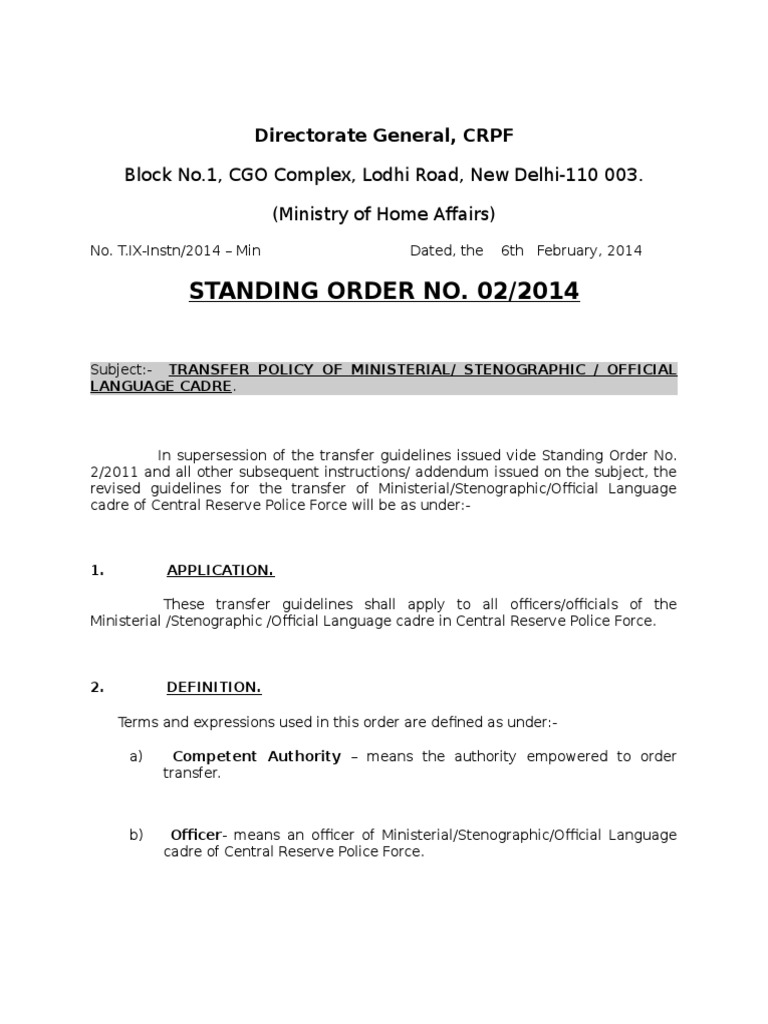 CRPF Transfer Policy Guidelines 2014 | PDF | Violence | Police
