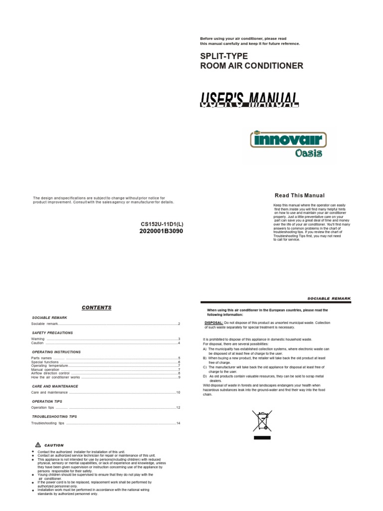 INNOVAIR WOE1 Oasis Mini Splits Service Manual 2nd Gen | PDF | Air ...