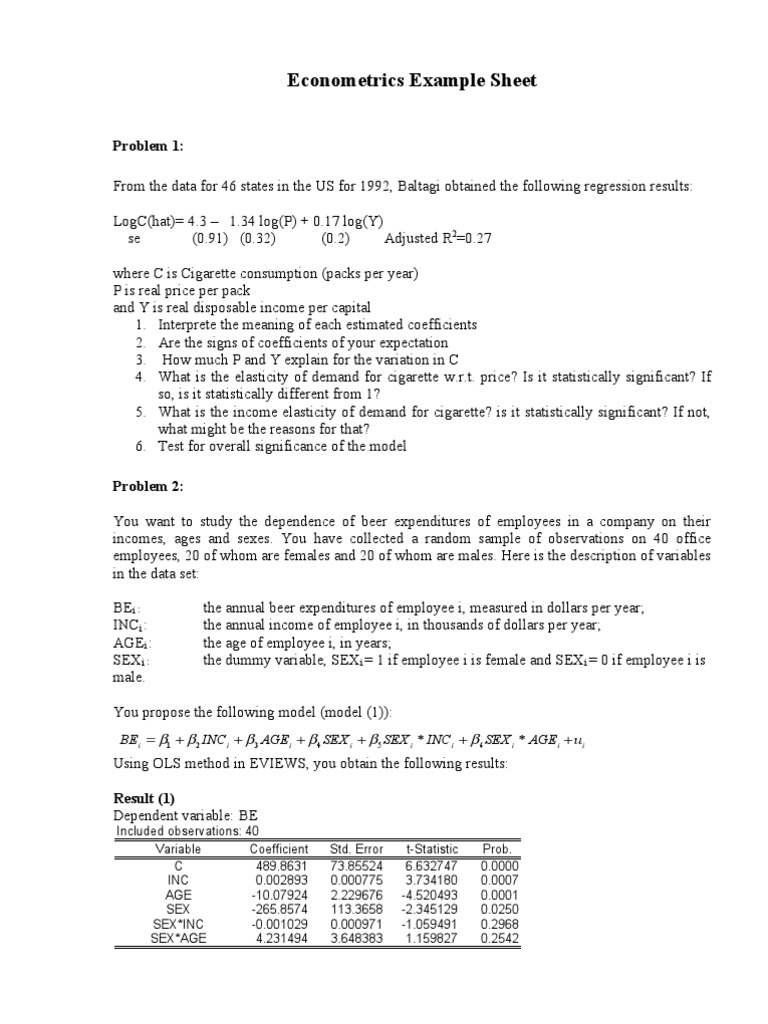 Example Sheet Of Econometrics Pdf