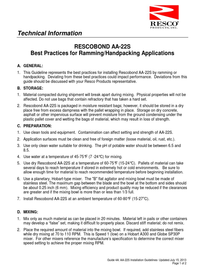 AA-22S Installation Guide | PDF | Refractory | Concrete