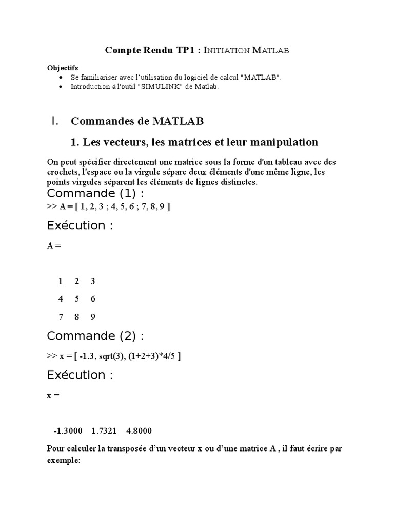 Compte Rendu TP1 | PDF | MATLAB | Matrice (Mathématiques)