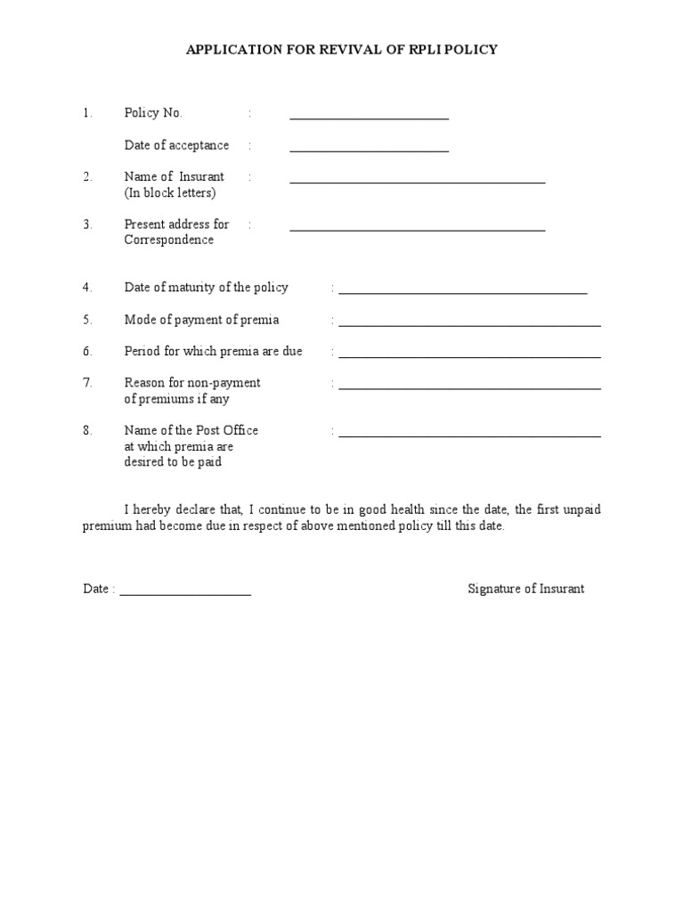 Application For Revival of Pli Policy | PDF | Financial Services ...