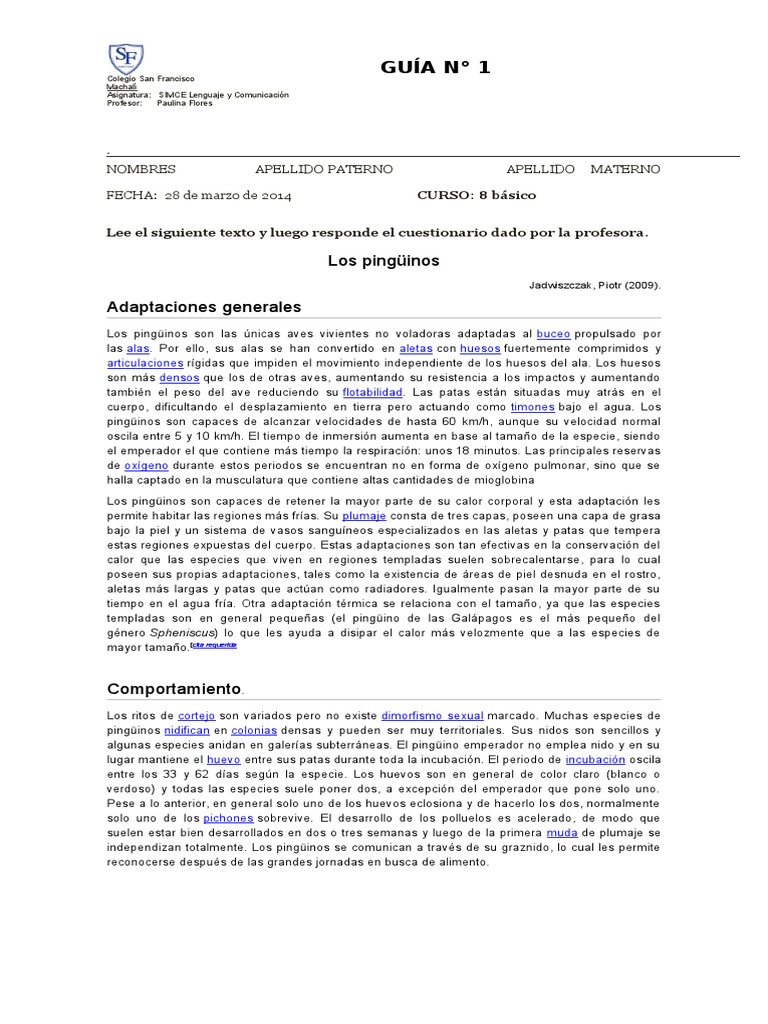 Los Pingüinos Texto | PDF | Pingüino | Aves