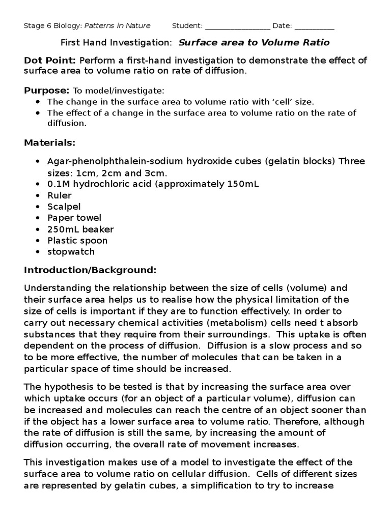 Surface Area to Volume Ratio in Diffusion | PDF | Surface Area | Diffusion