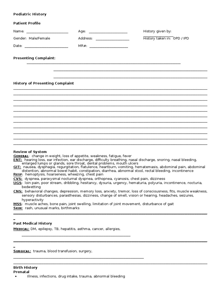 Pediatric Examination and History Form | PDF | Health Sciences ...