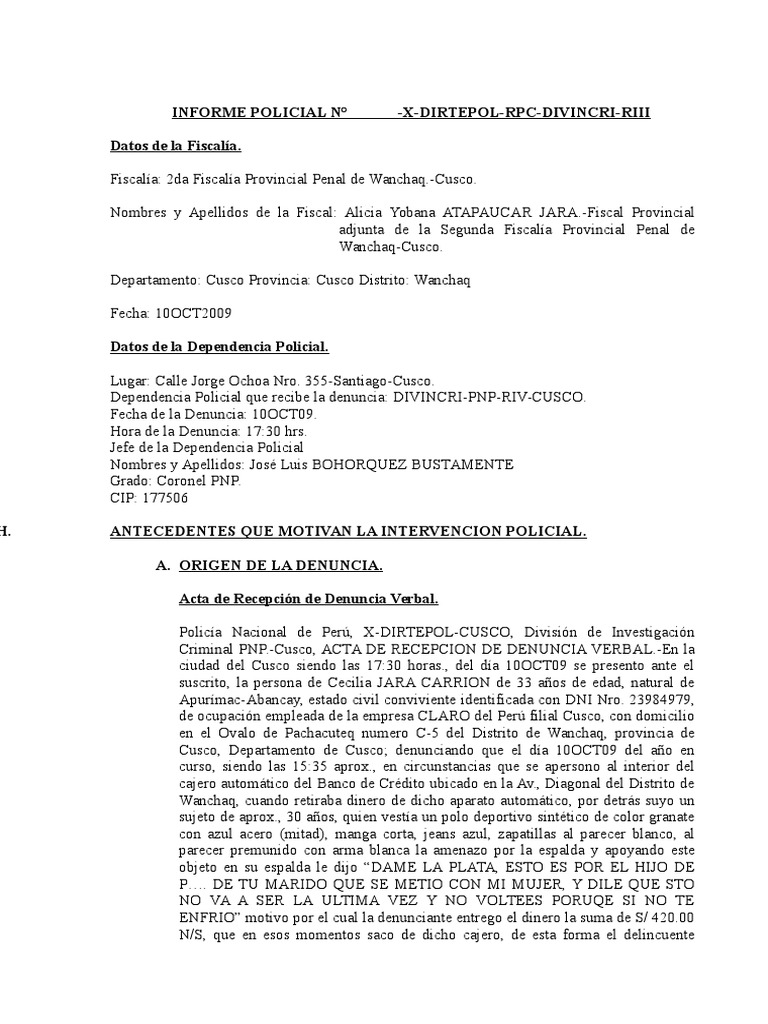 Ejemplo De Formato De Informe Policial
