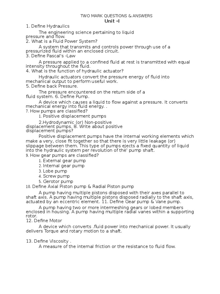 Unit - I: Two Mark Questions & Answers | PDF | Pump | Control System