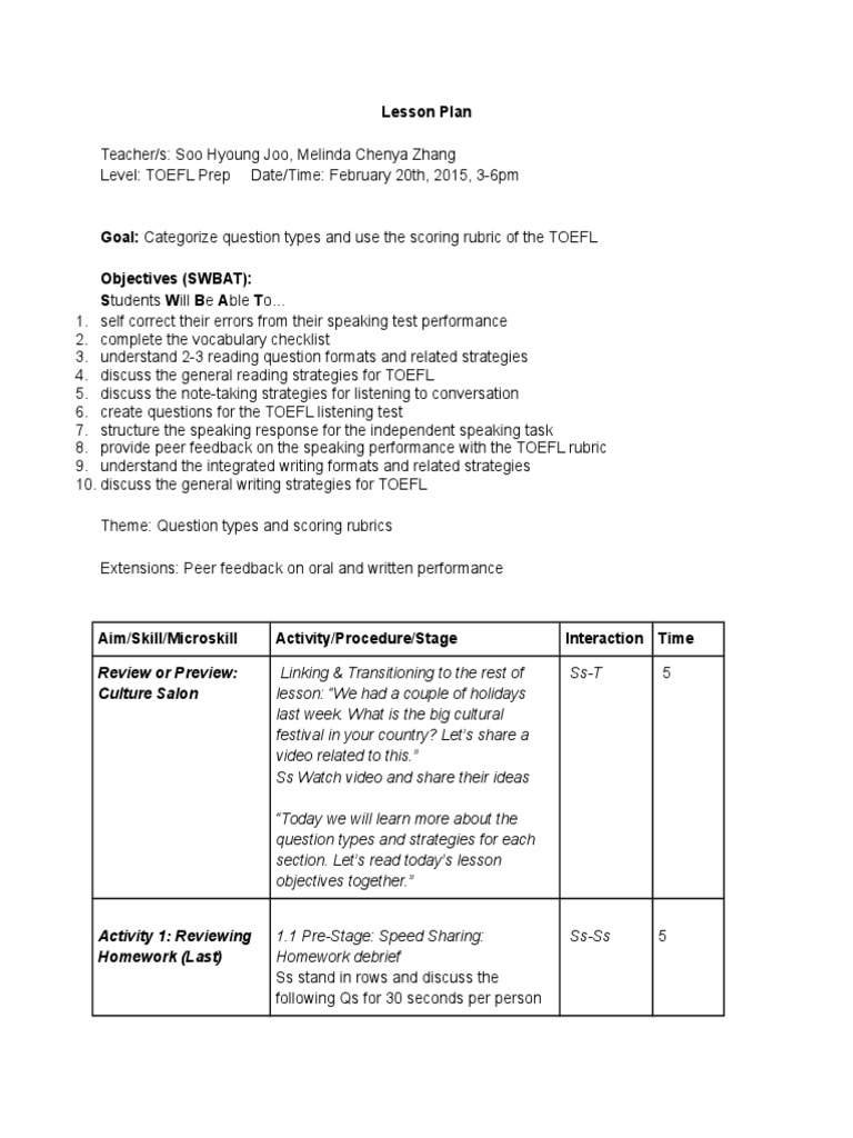 Toefl Prep-Lesson Plan-W2 | PDF | Test Of English As A Foreign Language ...