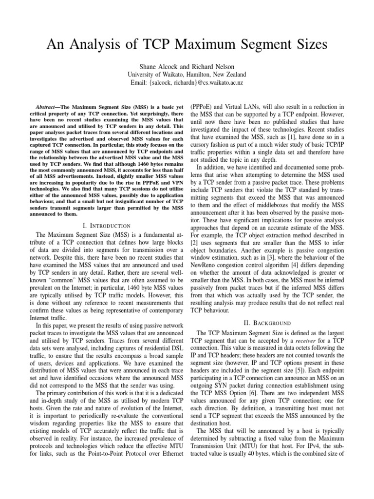 Analysis of TCP Maximum Segment Sizes Reveals Shifting Trends | PDF | Transmission Control ...