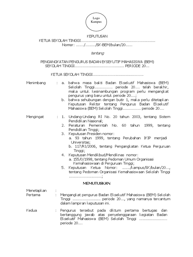 CONTOH SK Untuk Pengangkatan BEM | PDF