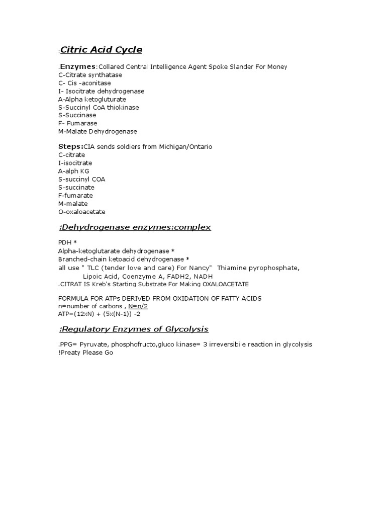 Mnemonic for Citric Acid Cycle Enzymes | PDF | Science & Mathematics ...