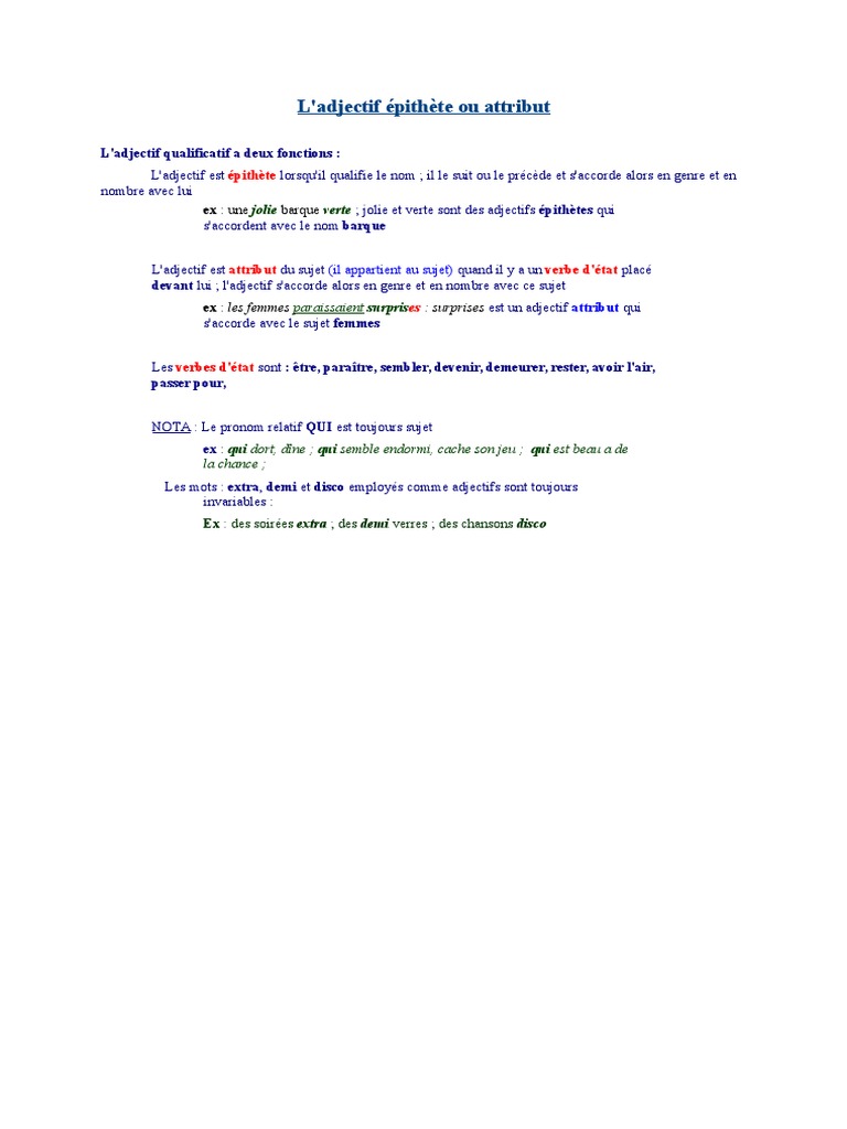 L'Adjectif Épithète Ou Attribut | PDF