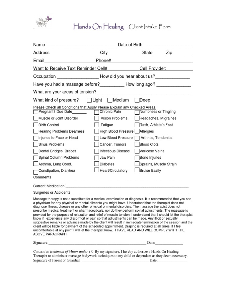 Hands On Healing: Client Intake Form | PDF | Massage | Headache