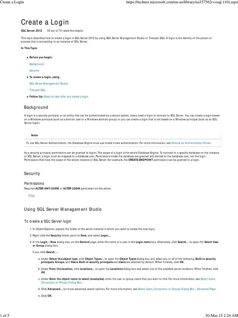 Create A Login SQL Server 2008 | PDF | Microsoft Sql Server | Databases