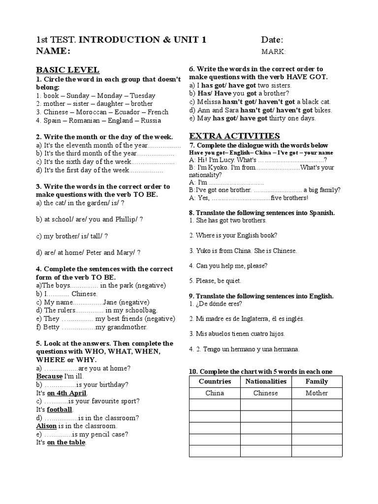 English Exercises for 1st ESO Test | PDF