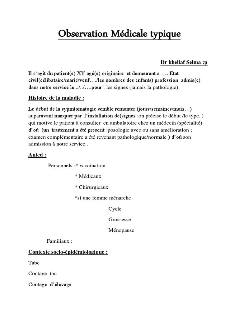 Observation Médicale Typique | Télécharger gratuitement PDF | Médecine ...
