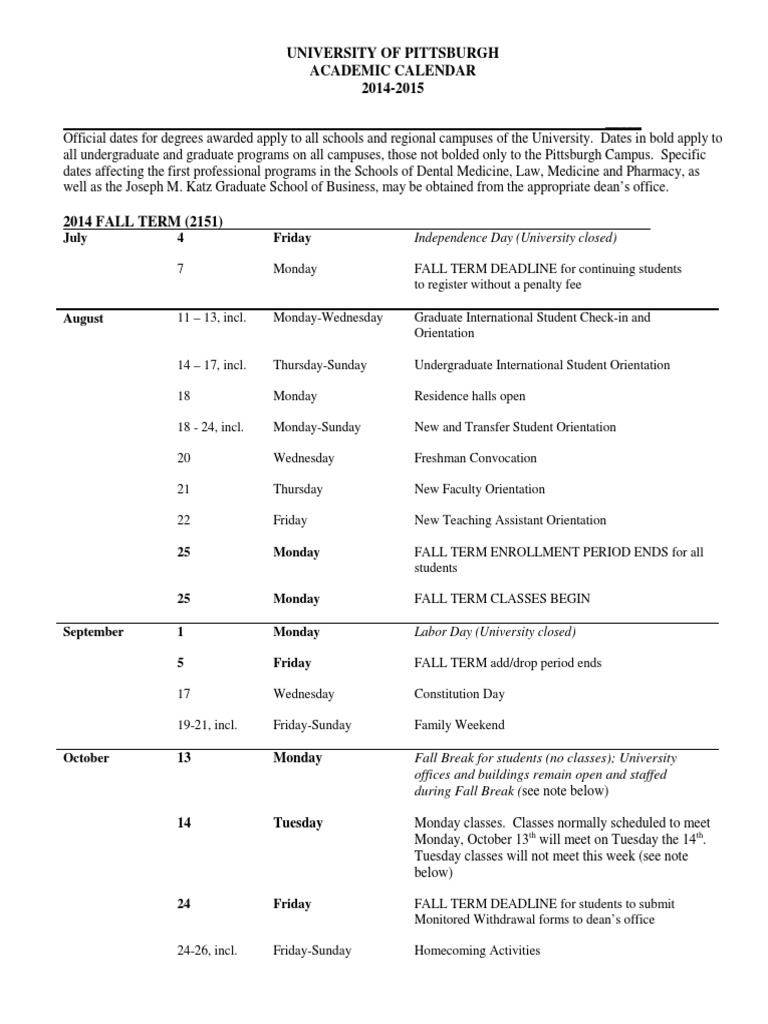 2014-2015 Academic Calendar | PDF | Academic Term | Undergraduate Education