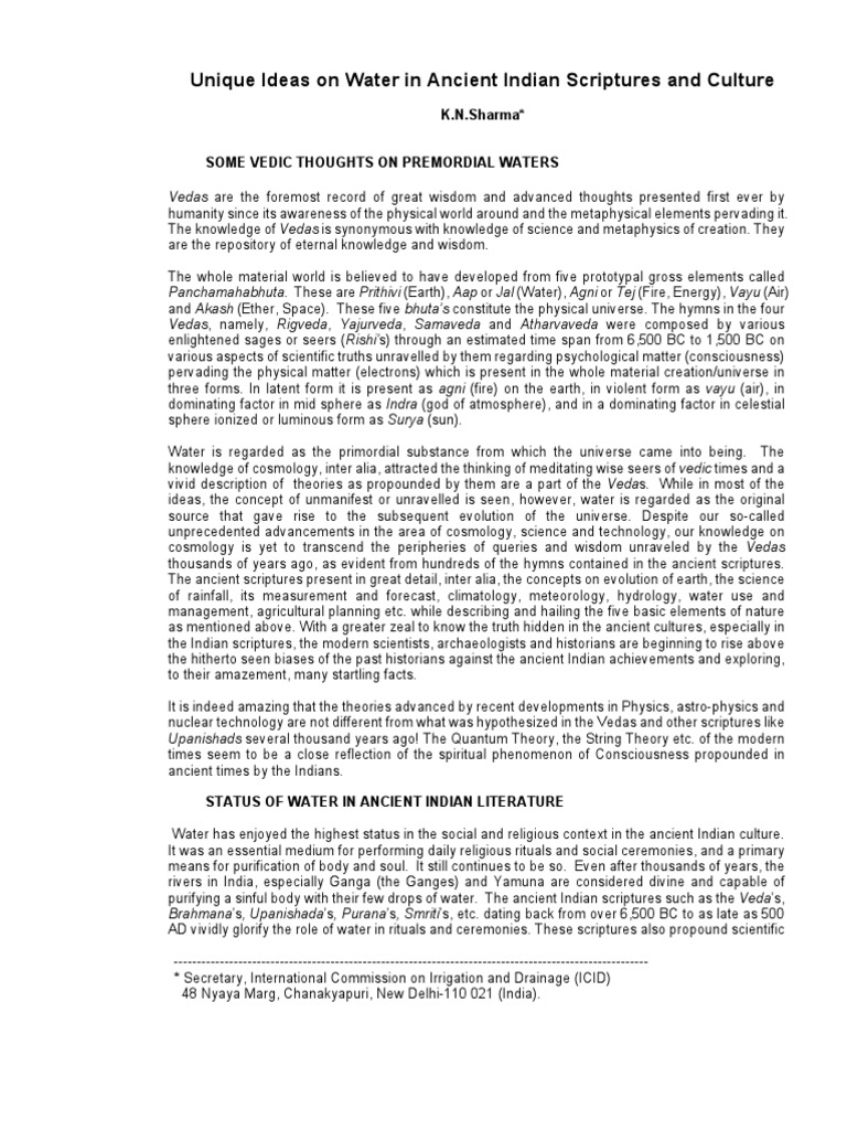 Unique Ideas On Water in Ancient Indian Scriptures and Culture - by K.N. Sharma, Secretary, ICID ...