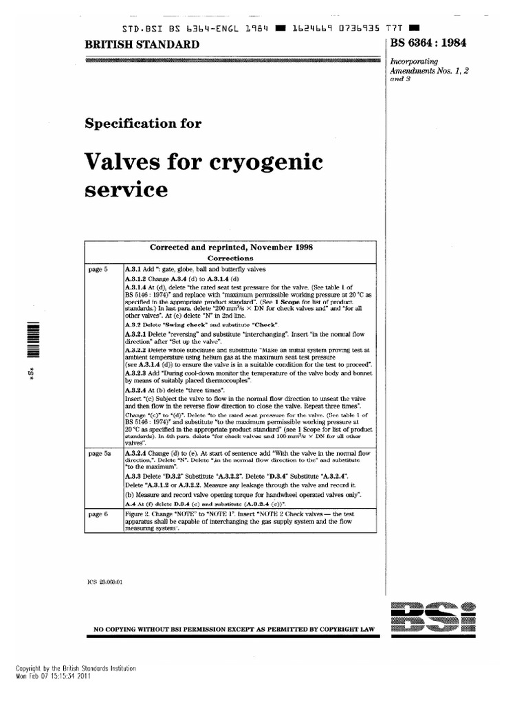 BS 6364 - 1984 - Valves For Cryogenic Service | PDF