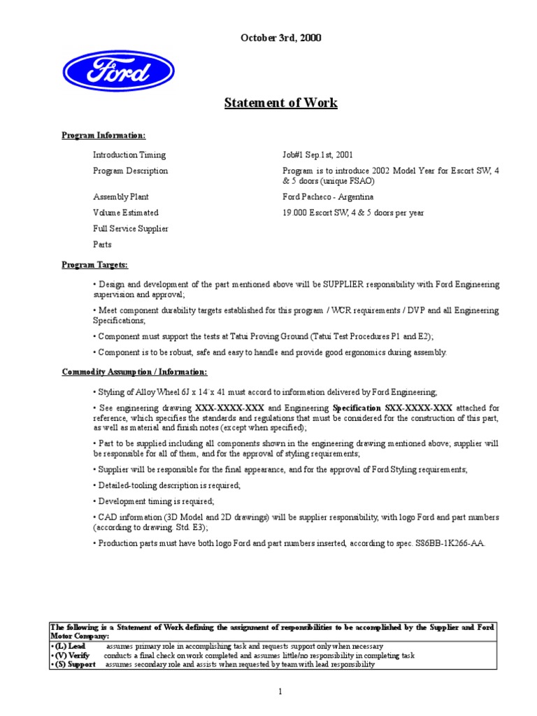 Statement of Work: October 3rd, 2000 | PDF | Ford Motor Company ...