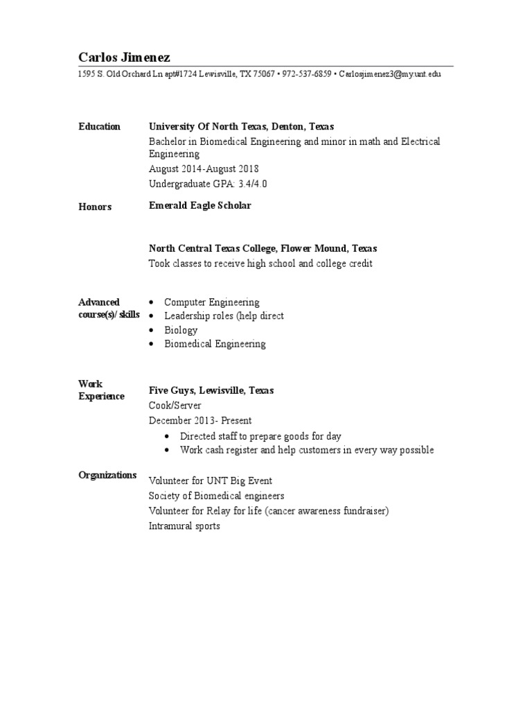 Carlos Jimenez - Biomedical Engineering Resume | PDF