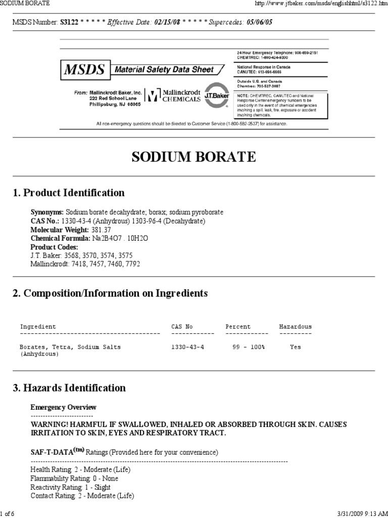 Borax Msds | PDF | Personal Protective Equipment | Chemical Substances